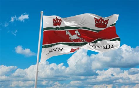 Official Flag Of Guelph Canada At Cloudy Sky Background On Sunset Panoramic View Canadian