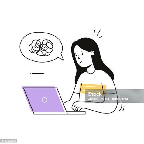 회사원 여성 스트레스 그림 낙서 개요 캐릭터 여성 작업 우울 좌절 노트북 사무실 문제 피곤한 개념을 가진 여성 사람 격리 노트북에 대한 스톡 벡터 아트 및 기타 이미지