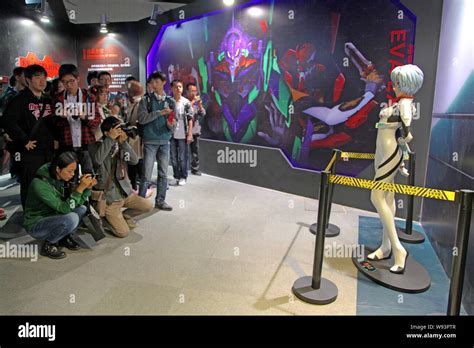 Visitors Take Photos Of A Life Size Model Of Rei Ayanami A Fictional