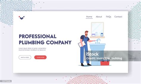 전문 배관 회사 방문 페이지 템플릿 배관공 캐릭터 고정 깨진 싱크대 에 홈 욕실 가정 생활에 대한 스톡 벡터 아트 및 기타 이미지 가정 생활 개념 개수대 Istock