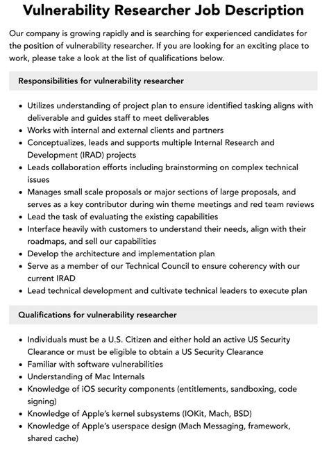 Vulnerability Researcher Job Description Velvet Jobs