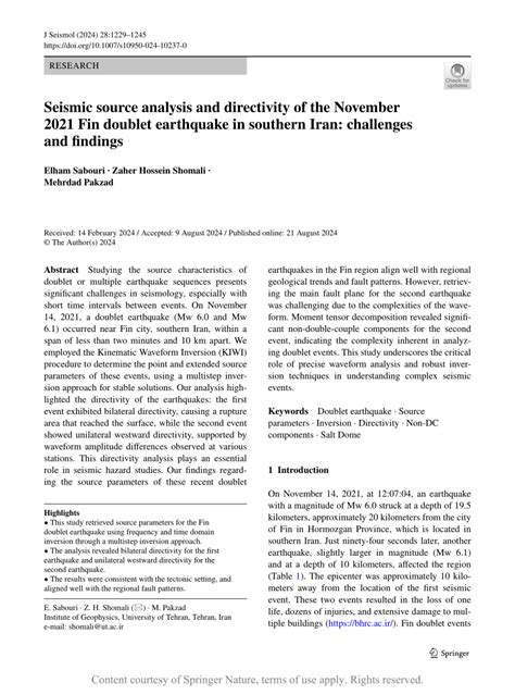 Pdf Seismic Source Analysis And Directivity Of The November 2021 Fin Doublet Earthquake In