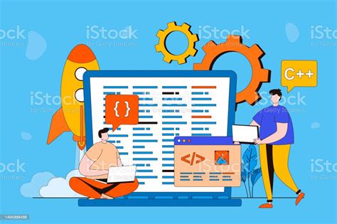 플랫 2d 디자인의 소프트웨어 개발 웹 개념 남성은 다양한 프로그래밍 언어로 만들고 프로그래밍하고 코드를 테스트 및 최적화하고