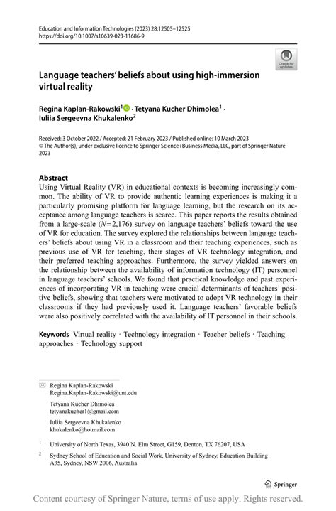 Language Teachers Beliefs About Using High Immersion Virtual Reality Request Pdf