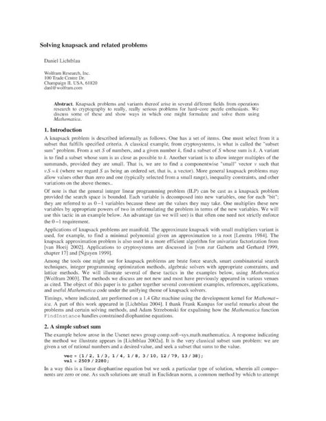 Pdf Solving Knapsack And Related Problems Mathematicalibrary