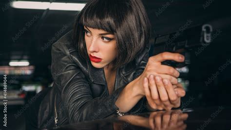 Beautiful Brunette Sexy Spy Agent Killer Or Police Woman In Leather