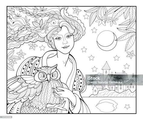 어린이와 성인을 위한 색칠하기 책 밤의 요정 아름다운 소녀의 판타지 초상화 흑백 벡터 그림입니다 젠탱글 스타일의 이미지 그림과 명상을 위한 인쇄 가능한 페이지입니다 성인에