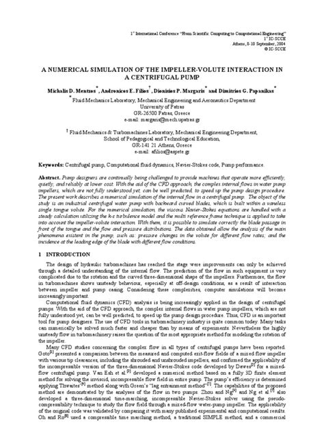 Mentzos M Etal 2004 A Numerical Simulation Of The Impeller Volute Interaction In A