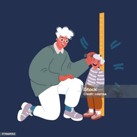 유치원 교사 또는 소년 아이의 키를 측정하는 아버지의 만화 벡터 삽화 개념에 대한 스톡 벡터 아트 및 기타 이미지 개념 개념과 주제 개발 Istock