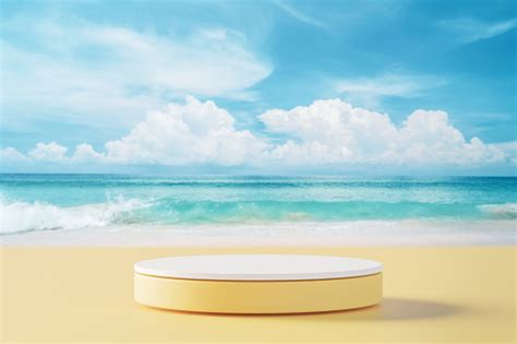 푸른 하늘과 흰 구름이 있는 해변에 제품 전시 프레젠테이션을 위한 복사 공간이 있는 3d 노란색 연단 열대 여름과 휴가 개념 그래픽 렌더링 디자인 강단에 대한 스톡 사진 및