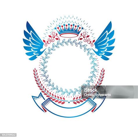 로얄 크라운 요소 월계관 및 고급 구성된 그래픽 날개 상징 리본 팔의 문장 학 외 투 장식 기호 고립 벡터 일러스트 레이 션