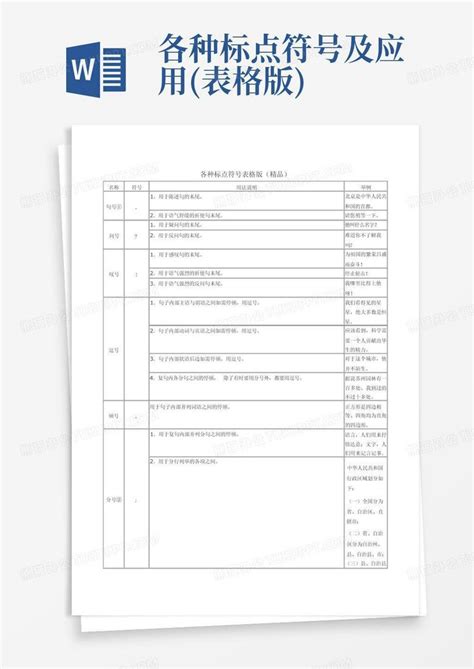各种标点符号及应用 表格版 Word模板下载 编号lnxvvxxe 熊猫办公