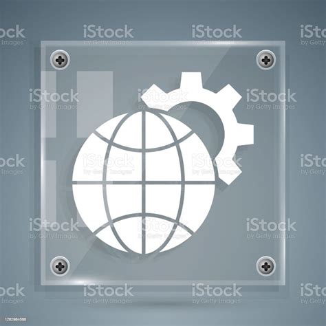 지구의 화이트 글로브와 회색 배경에 고립 된 기어 또는 코그 아이콘 매개 변수 설정 글로벌 옵션 정사각형 유리 패널 벡터
