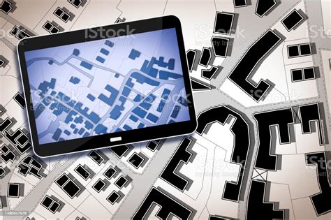 건물과 토지 구획이 있는 영토의 가상 지적 지도 디지털 태블릿의 3d 렌더링이 있는 개념 개념에 대한 스톡 벡터 아트 및 기타