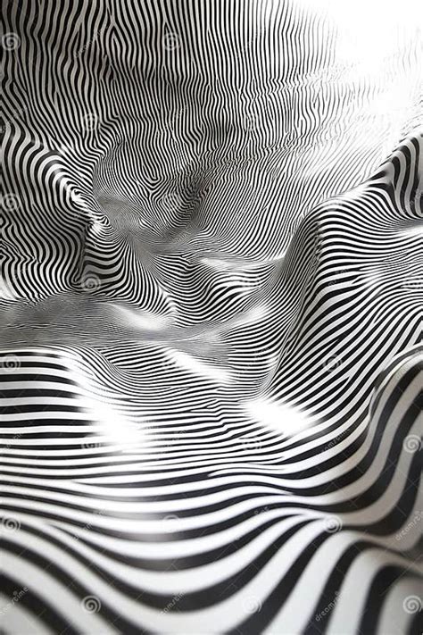 Abstract Black And White Striped Pattern Creating An Optical Illusion With Wavy Lines And Depth