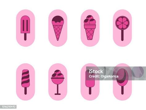 아이콘 세트 아이스크림의 다른 종류의 핑크 실루엣 아이스크림 에 스틱 바닐라 초콜릿 아이 스캔 와플 컵 셔벗 시럽 아이스크림 공 개성 개념에 대한 스톡 벡터 아트 및 기타
