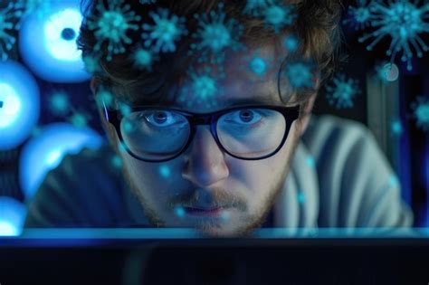 Premium Photo Programmer With Eyeglasses Hacking Computer With Virus