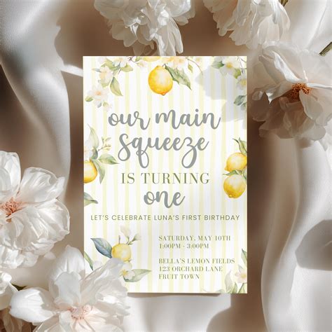 Lemon First Birthday Invitation Editable Canva Template Digital