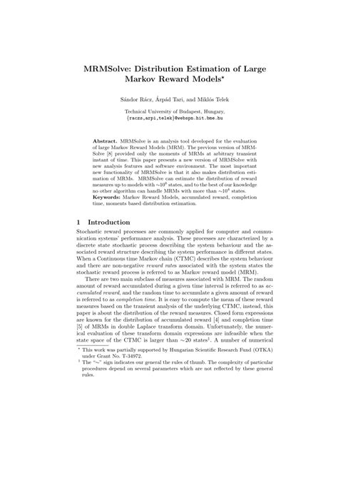 Pdf Mrmsolve Distribution Estimation Of Large Markov Reward Models