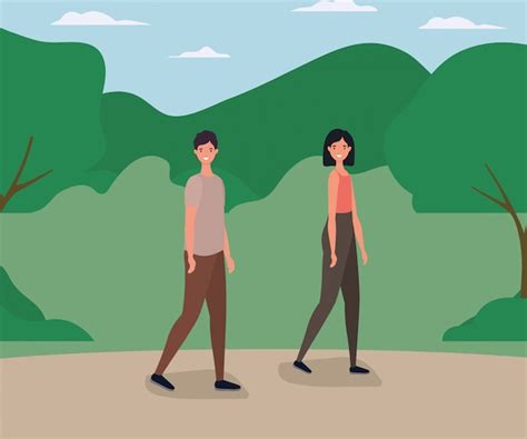 공원에서 산책하는 여자와 남자 만화 프리미엄 벡터