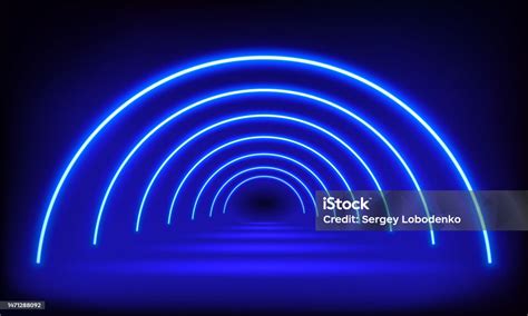 연단 도로 받침대 파란색 배경에 네온 발광 광선이 있는 형태의 플랫폼 경치 좋은 조명이있는 무대 추상 3d 네온 배경 네온 마법의 모션 조명 반원 벡터 그림 0명에 대한