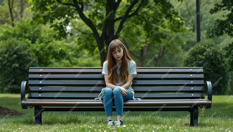 Sad Teenage Girl Sitting Alone On A Bench In The Park Isolated With