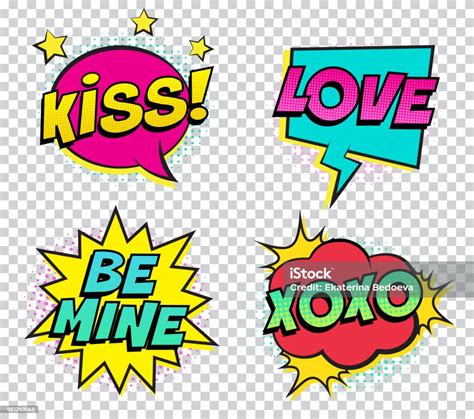 레트로 화려한 만화 음성 발렌타인 세트 거품 도 속이 비치지 배경에 고립 식 텍스트 키스 사랑 내 여 자가 될 개체 그룹에 대한