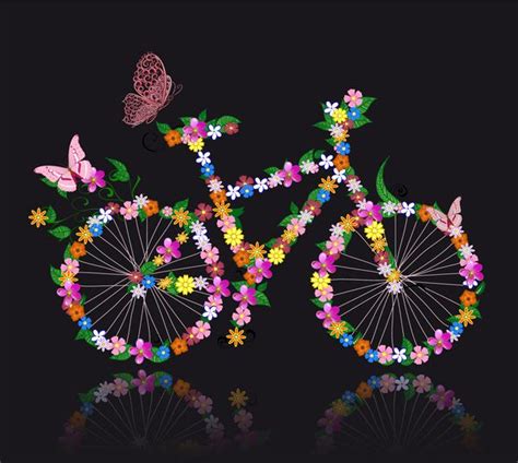 دختر سوار بر کالسکه اتومبیل دوچرخه متشکل از گل های رنگی طرح لایه باز