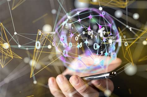 Abstract Network With Binary Code Hovering Over A Smartphone In A Mans