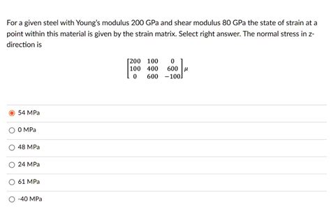 Solved For A Given Steel With Youngs Modulus 200 Gpa And Shear Modulus 80 Gpa The State Of