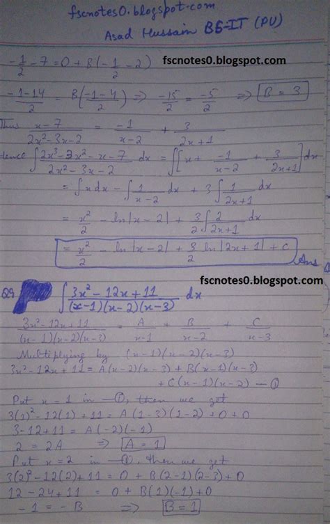 Fsc Ics Notes Math Part 2 Chapter 3 Integration Exercise 35 Question 1 11