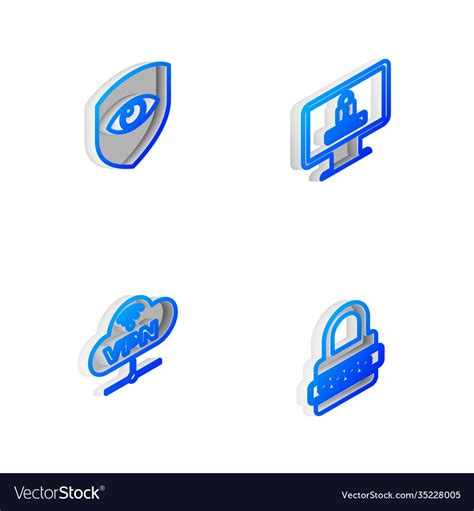 Set Isometric Line Monitor With Password Shield Vector Image