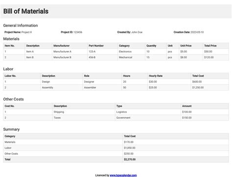Free Printable Bill Of Material Form Templates PDF Excel