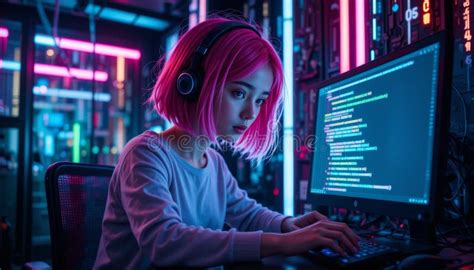Tech Genius Attractive Woman With Glasses Programming Code In A Futuristic Sci Fi Environment