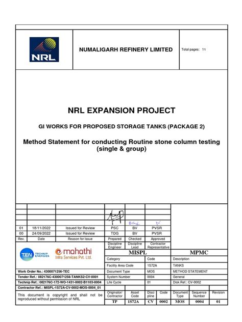 Tp 1s72a Cv 0002 Mos 0004 01 R Method Statement For Conducting Routine Stone Column Load