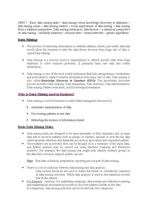 Data Mining And Data Warehouse Unit 1 Unit I Basic Data Mining Tasks Data Mining Versus