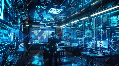 Futuristic Command Center With A Large World Map And Multiple Screens