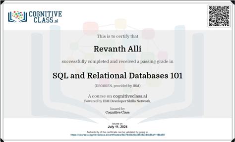 Completed Sql And Relational Databases 101 Course Revanth Alli Posted