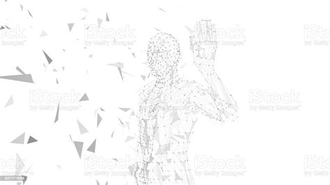 가리키는 손으로 개념적 추상 남자입니다 입자 삼각형 점 선 연결 인공 지능 개념입니다 첨단 기술 벡터 디지털 배경입니다 3d 렌더링 벡터 일러스트 레이 션 디지털 생성