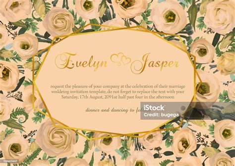 숲 고 사리 회 양 목 Brunia 유 칼 리 나무 가지와 꽃 Eustoma 크림의 잎을 가진 다각형 골드 프레임 벡터 오렌지 배경에 결혼식 초대장 갈색에 대한 스톡 벡터