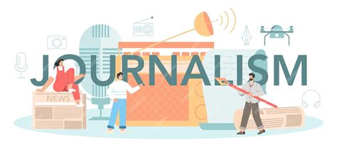 저널리즘 인쇄 상의 헤더 신문 텔레비전 및 라디오 기자 Tv 기자 마이크 매스 미디어 직업 벡터 평면 그림으로 사람을 인터뷰 프리미엄 벡터