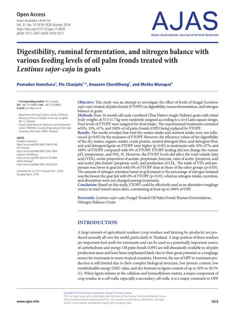 Pdf Digestibility Ruminal Fermentation And Nitrogen Balance With Different Feeding Levels Of