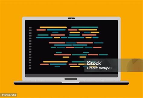 노트북 화면에 프로그래밍 코딩 텍스트 응용 프로그램 창이 있는 컴퓨터 소프트웨어 평면 벡터 그림 Html에 대한 스톡 벡터 아트 및 기타 이미지 Istock