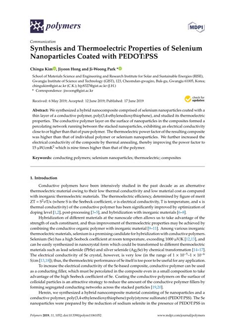 PDF Synthesis And Thermoelectric Properties Of Selenium Nanoparticles Coated With PEDOT PSS