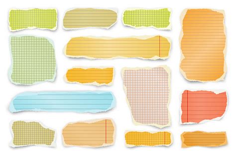 찢어진 다채로운 종이 스트립 찢어진 가장자리가있는 현실적인 구겨진 종이 스크랩 노트북 페이지의 줄 지어 조각 벡터 일러스트레이션