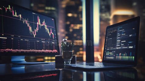a modern trader s workspace featuring dual screens displaying vibrant stock market charts and