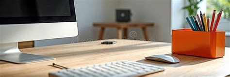 Modern Home Office Desk Setup With Computer Keyboard Mouse And Pencil Holder Stock Image
