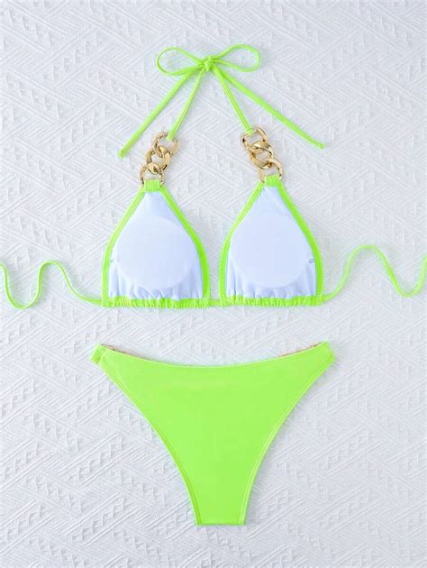 Womens Summer Beach Solid Color Chain Spaghetti Strap Sexy Bikini Set