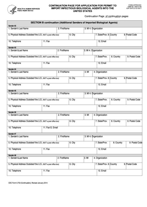 Fillable Cdc Form 0 753 Continuation Page For Application For Permit To Import Infectious