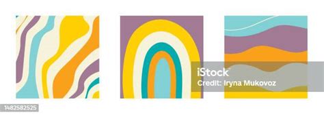 소셜 미디어 게시물에 대한 사각형 배경 집합입니다 레트로 그루비 물결 모양의 여러 가지 빛깔의 패턴 추상적인 불규칙한 모양과 선 무지개 벡터 그림 0명에 대한 스톡 벡터